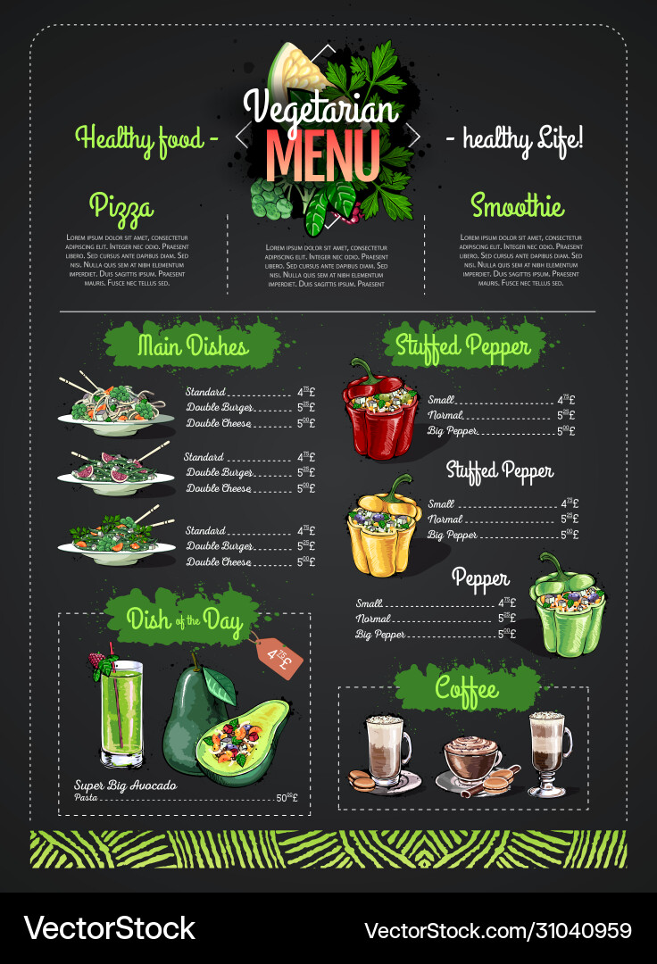 Vegetarian menu design with vegan meals Royalty Free Vector