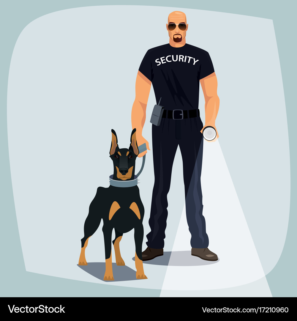 Security officer holding leash guard dog Vector Image
