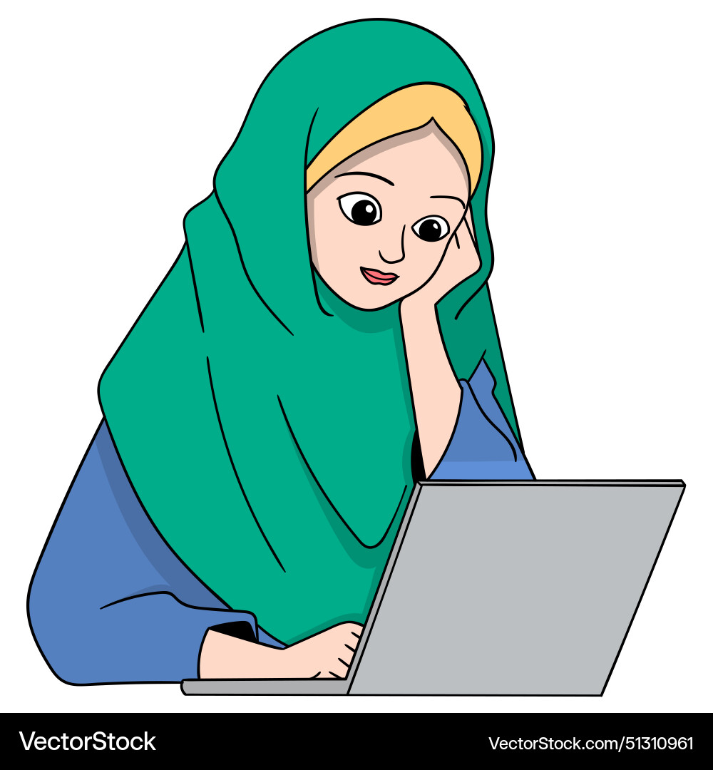 Muslim woman sitting working using a laptop Vector Image