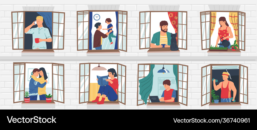 People in windows neighbors building doing Vector Image