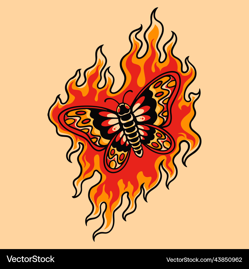Butterfly on fire retro style Royalty Free Vector Image