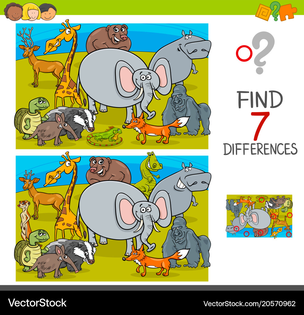 Find differences game with wild animal characters Vector Image
