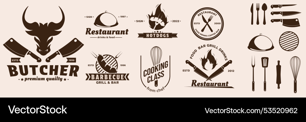 Grill logo bbq icon kitchen label butcher knife Vector Image