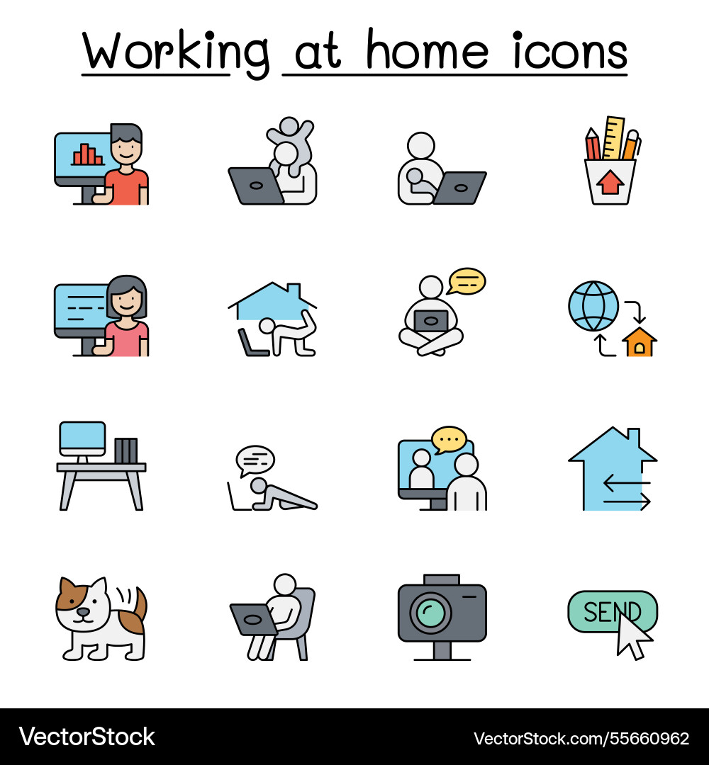 Work from home set color line style Royalty Free Vector