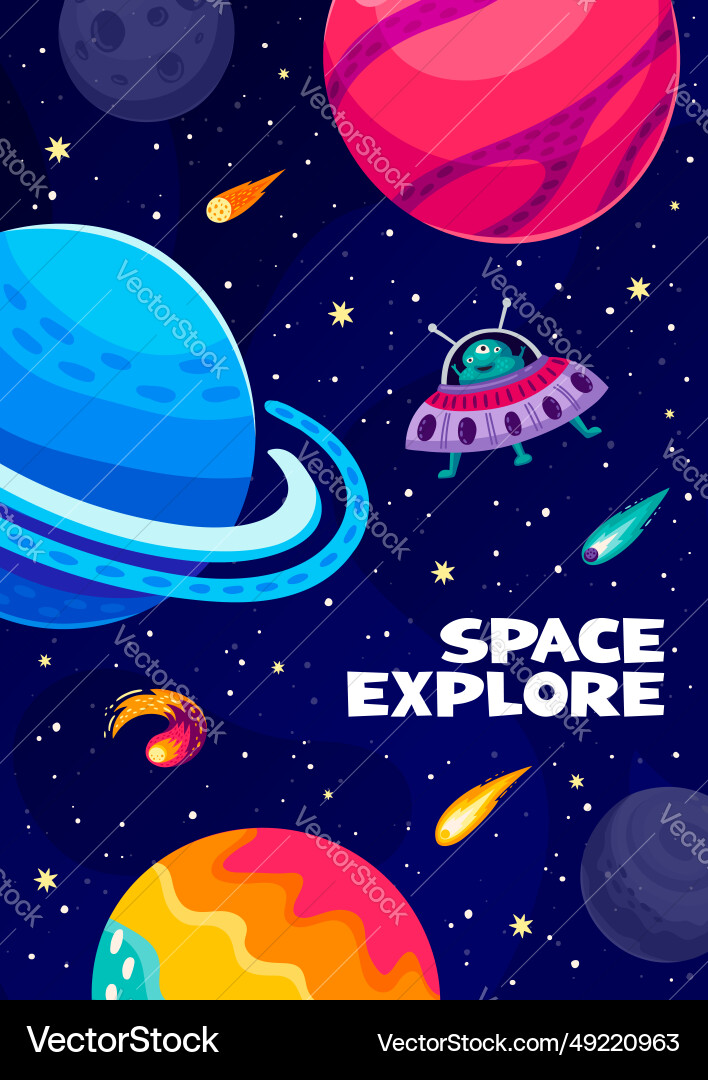 Cartoon space landscape poster with planets alien Vector Image