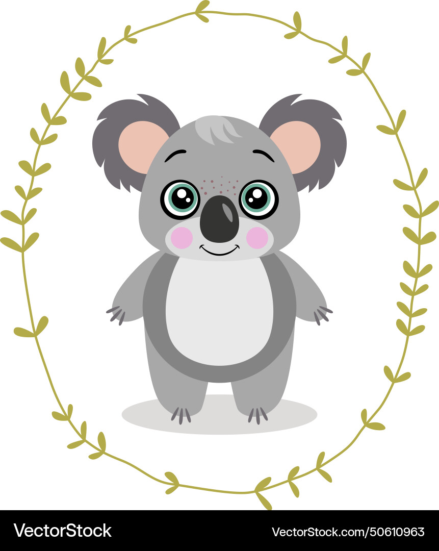 Cute koala inside an oval leaves border Royalty Free Vector