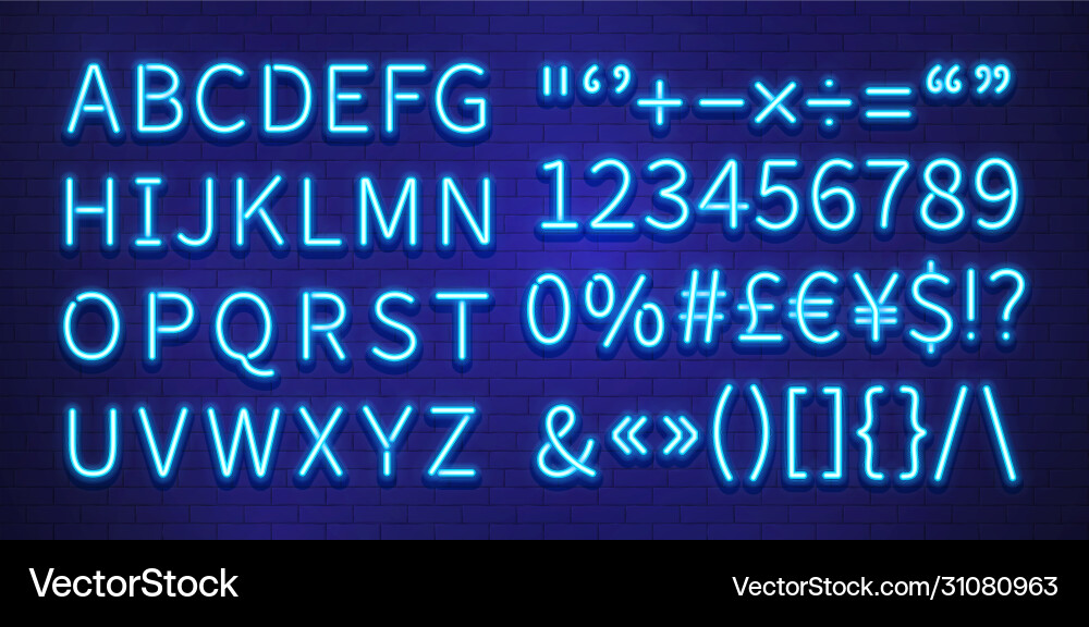Neon font blue letters numbers marks on brick Vector Image
