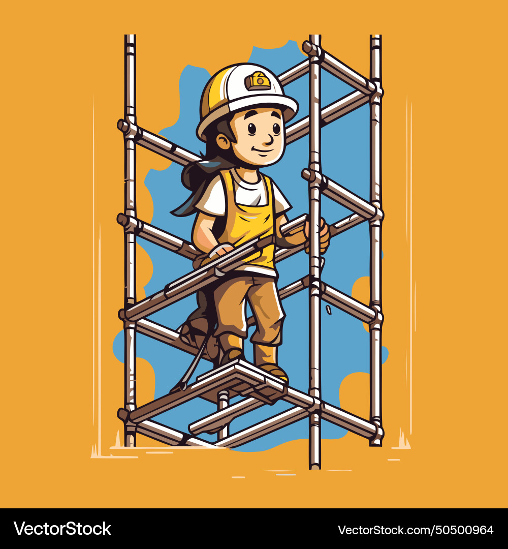 Cartoon construction worker on scaffolding Vector Image