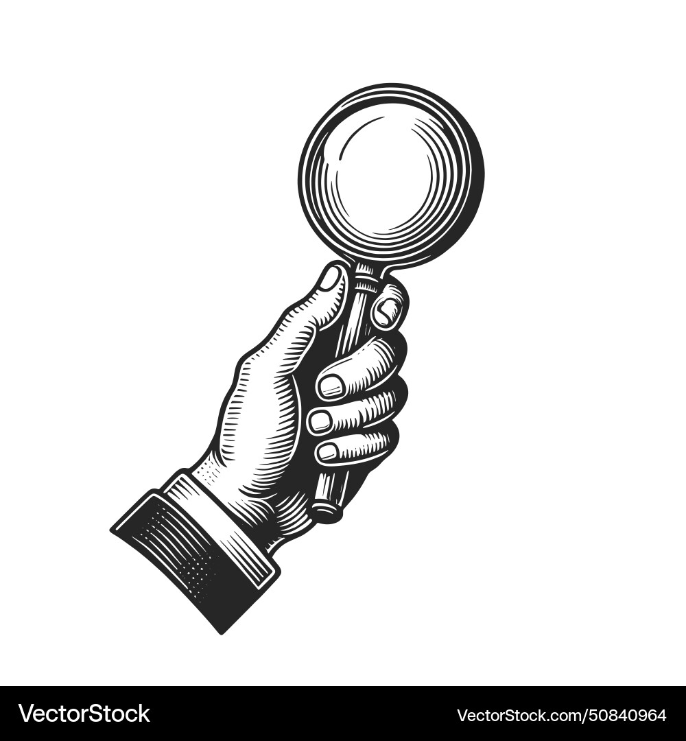 Hand holding magnifying glass engraving Royalty Free Vector