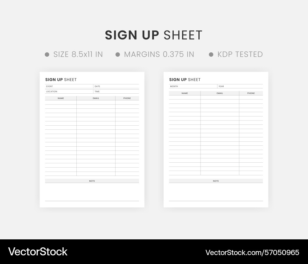 Sign up sheet template printable event Royalty Free Vector