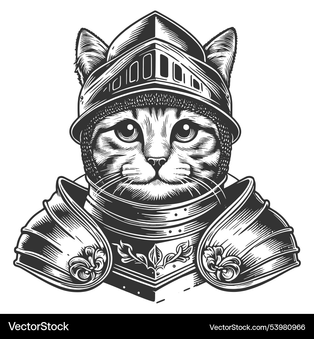 Knight cat in armor engraving Royalty Free Vector Image