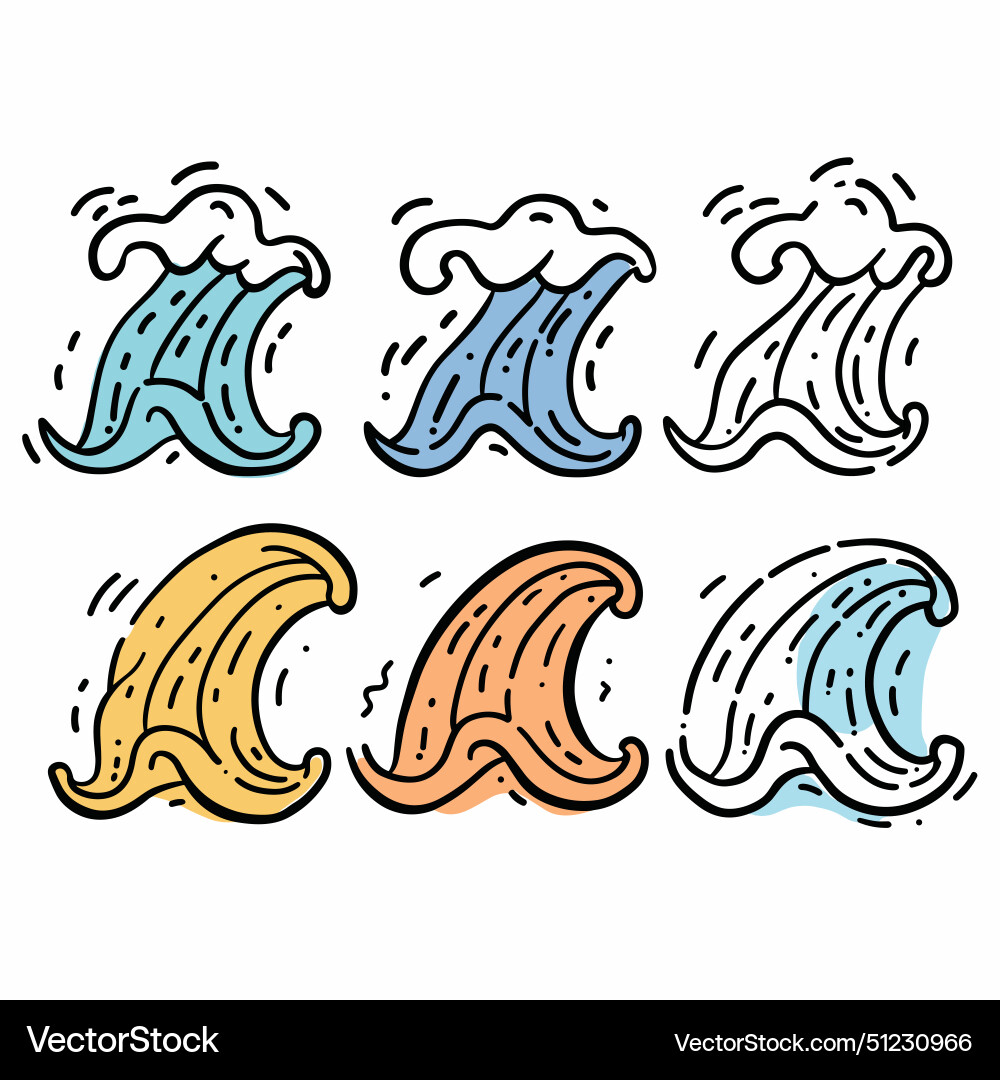 Six cartoon waves handdrawn different color Vector Image