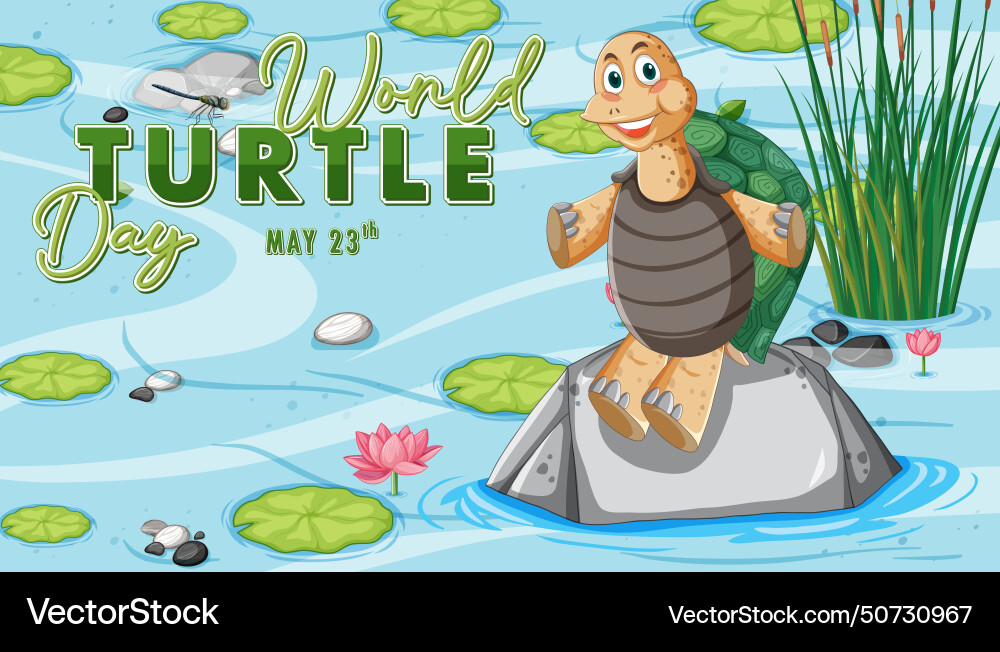 Cheerful turtle on a rock celebrating world Vector Image
