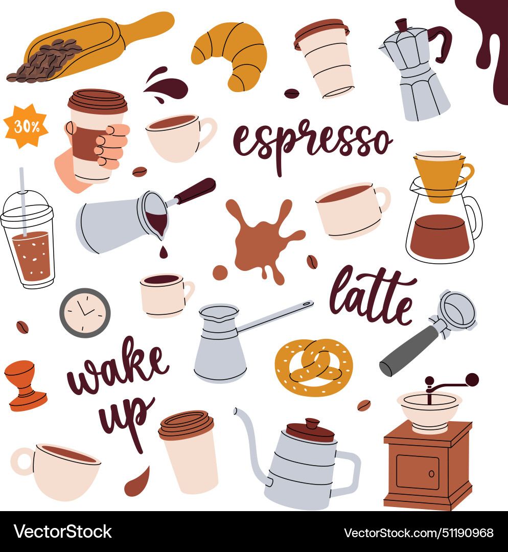 Coffee set cafe menu shop beans drinks Royalty Free Vector