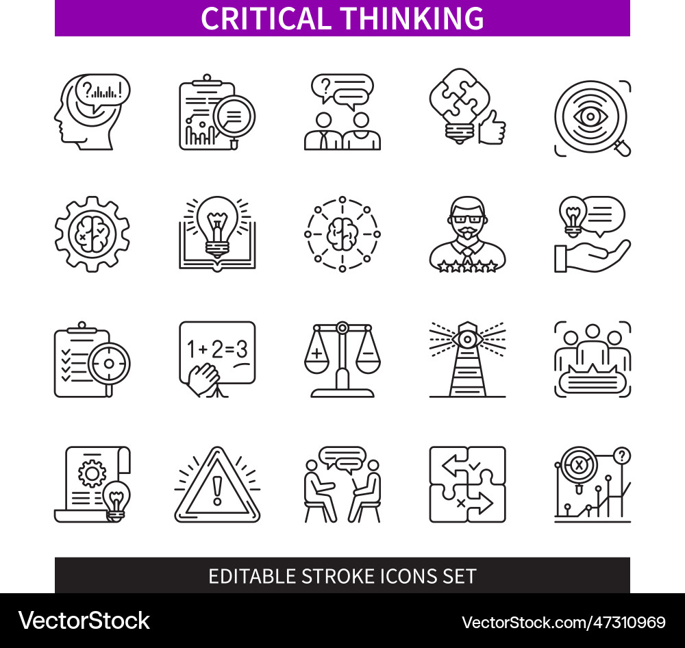 Critical thinking editable stroke icon set Vector Image