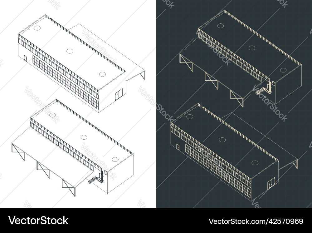 Factory building isometric blueprints Royalty Free Vector