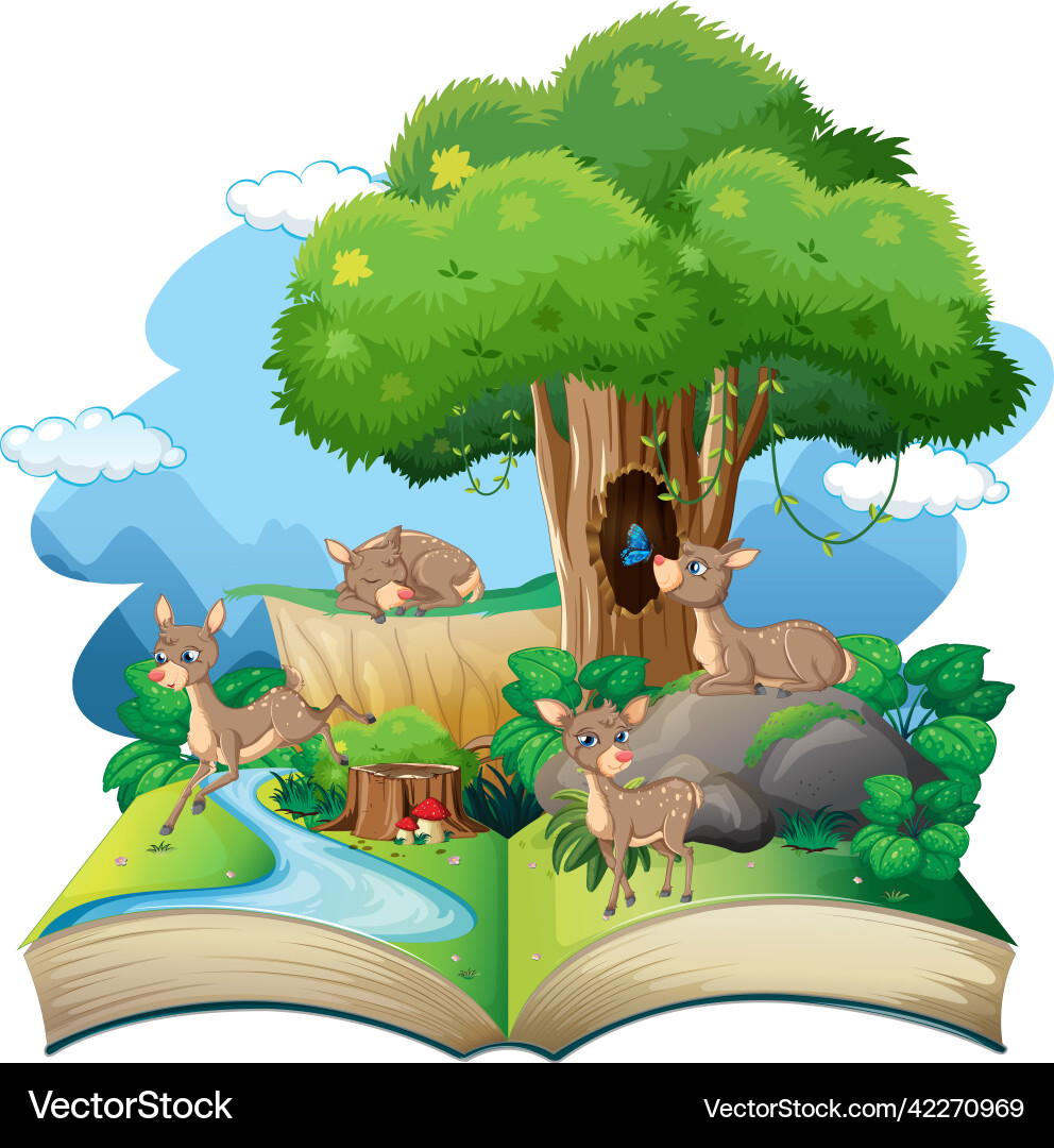 Storybook with deers in forest Royalty Free Vector Image