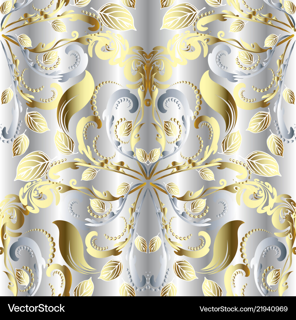 White vintage floral 3d seamless pattern silver Vector Image