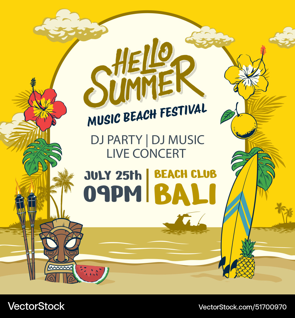 Hello summer poster design frame with sunset Vector Image