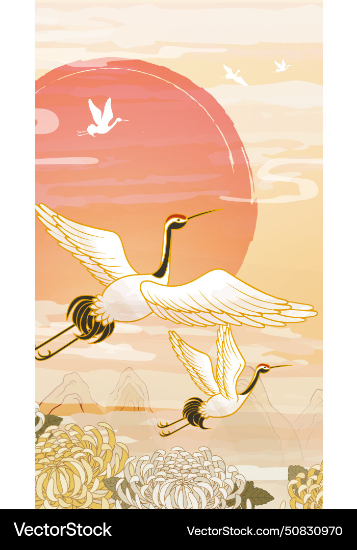 Scenic flying cranes wallpaper Royalty Free Vector Image