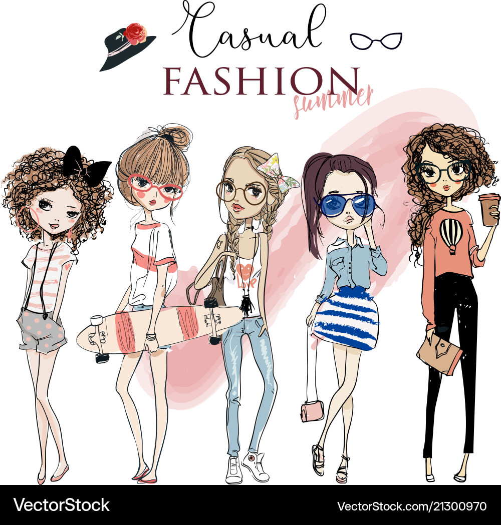 Set with cute cartoon girls Royalty Free Vector Image