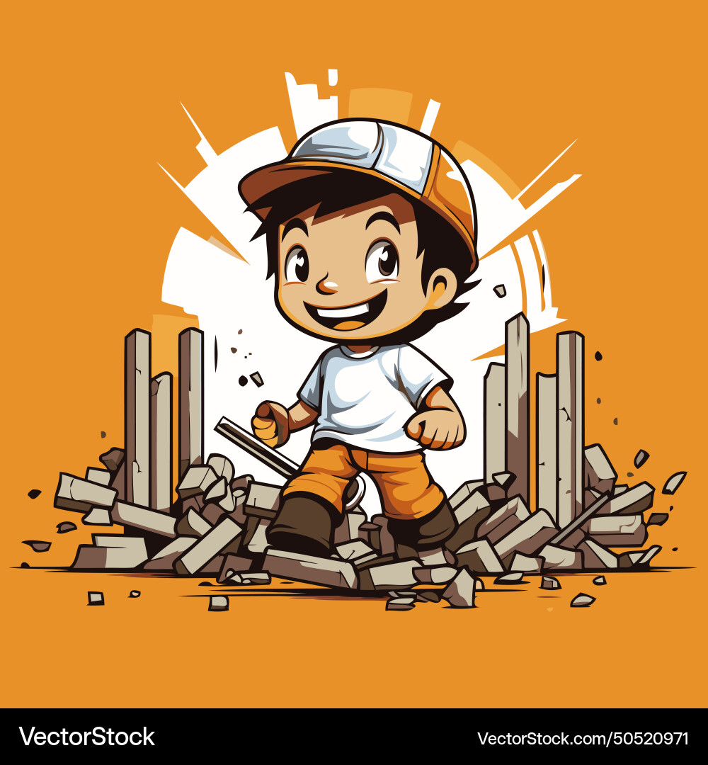 Cartoon boy building a wall with hammer Royalty Free Vector