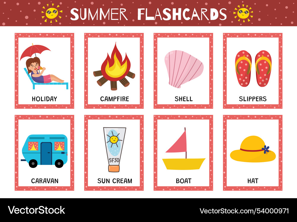Summer flashcards collection for kids Royalty Free Vector