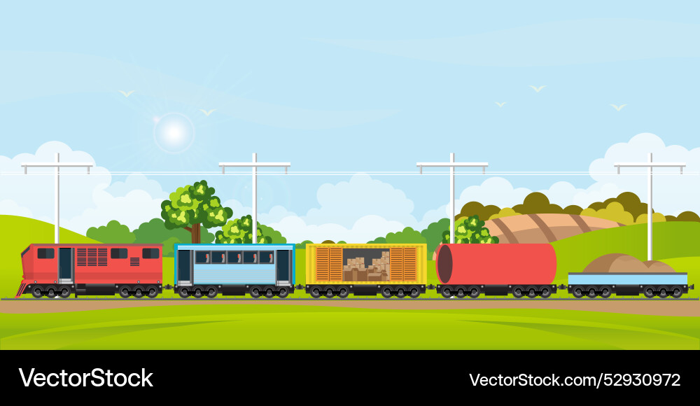 Cargo train on nature landscape with trees Vector Image