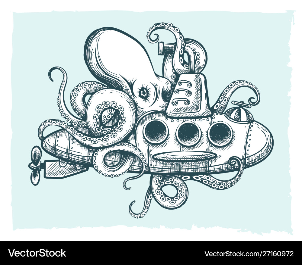Giant Octopus and Submarine Royalty Free Vector Image