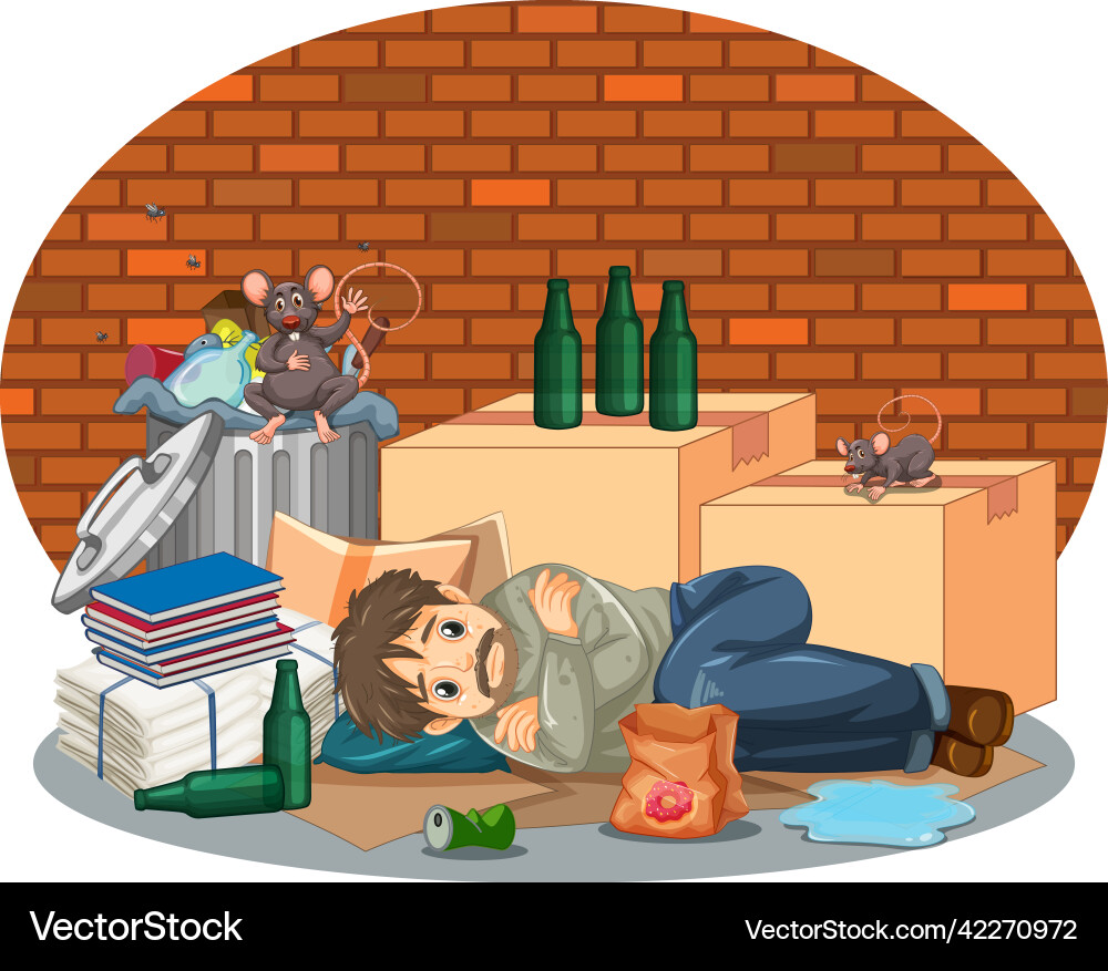 Homeless man lying near garbage Royalty Free Vector Image