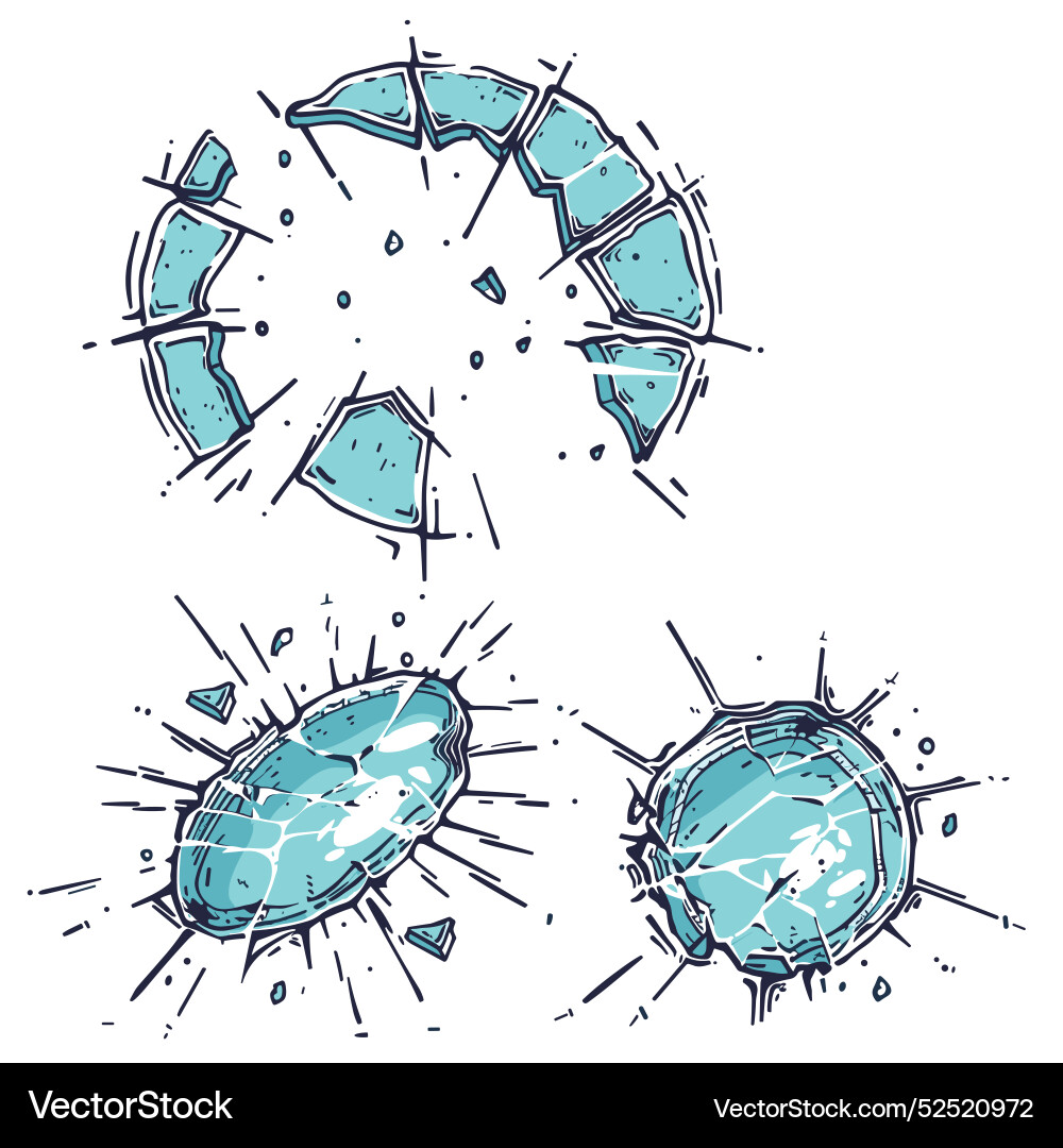 Three shattered glass pieces flying apart during Vector Image