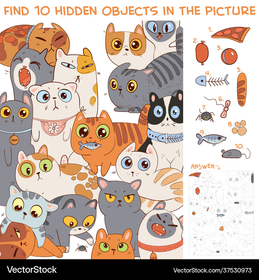 Find 10 hidden objects in picture group Royalty Free Vector