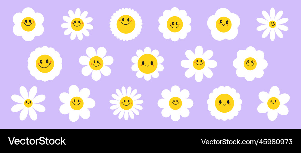 Groovy daisy flowers face collection retro Vector Image