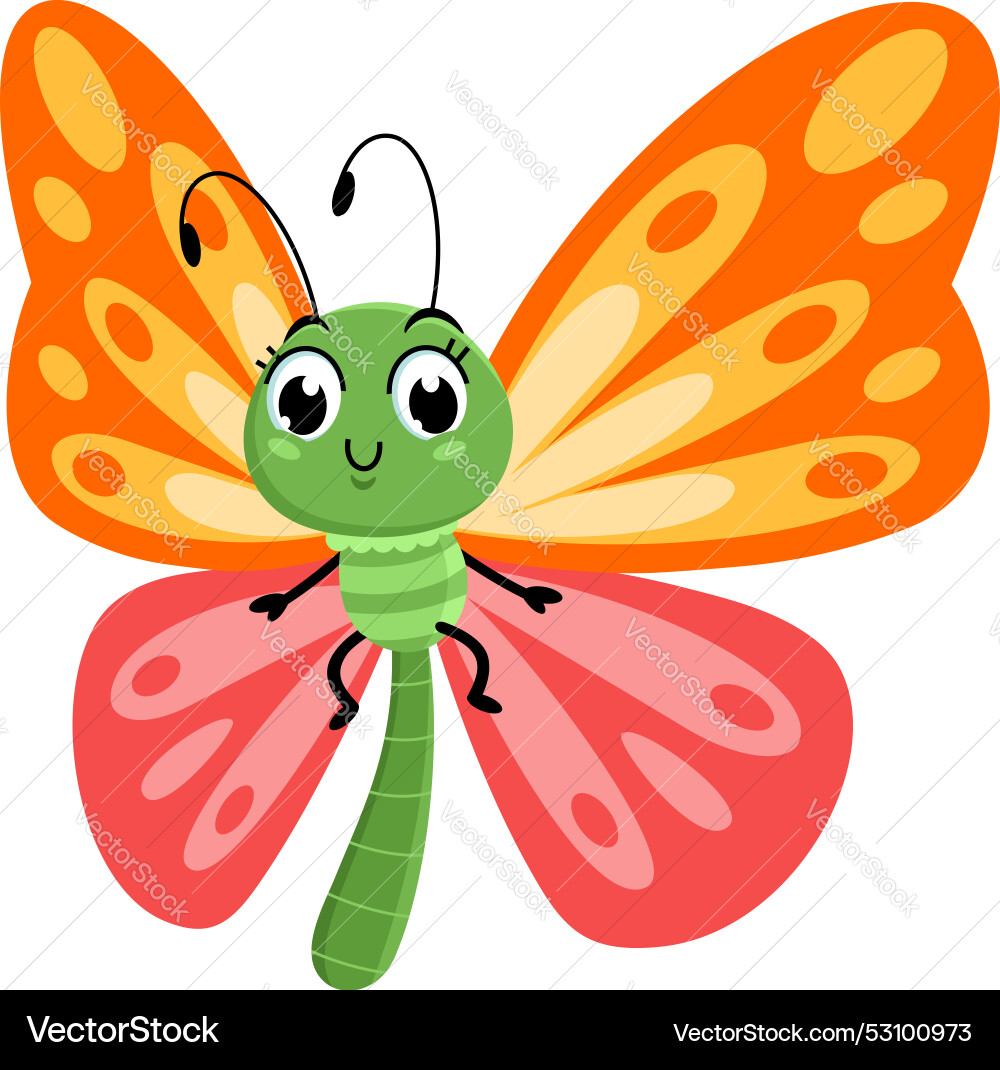Smiling cute butterfly cartoon character flying Vector Image