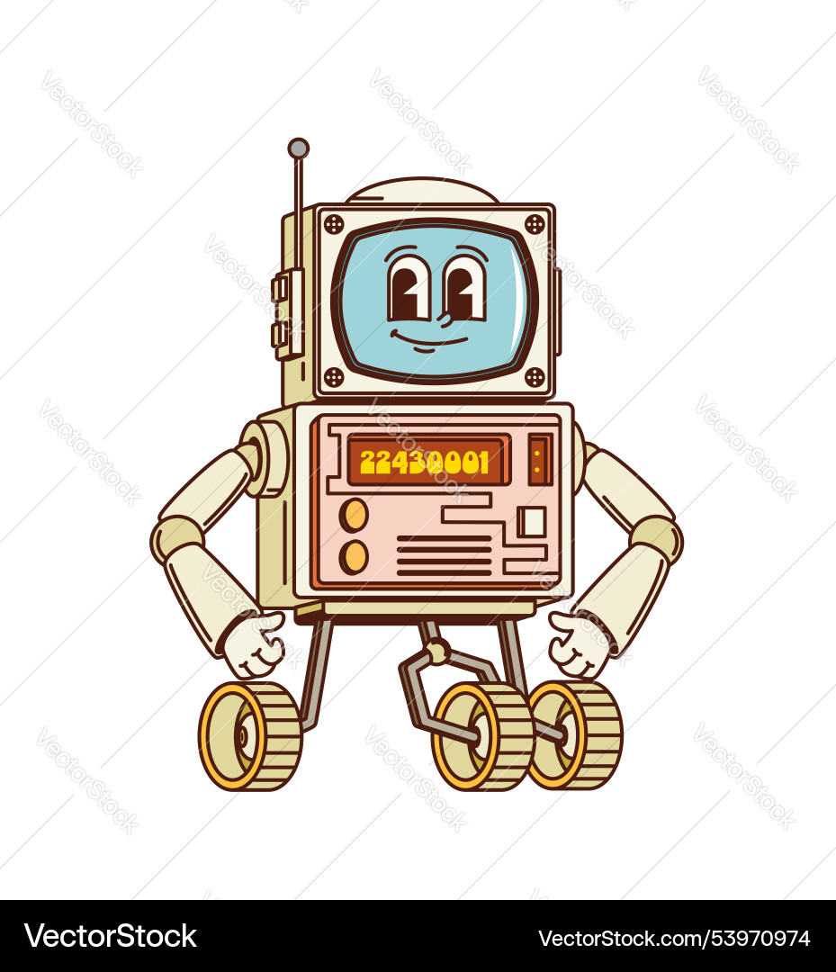 Cartoon retro groovy robot character bot on wheels