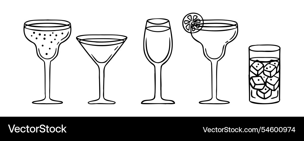 Cocktails doodle hand drawn icon set outline Vector Image