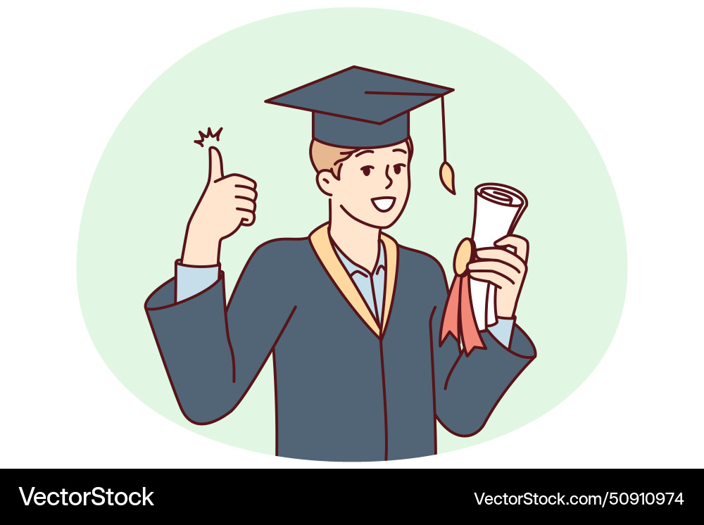 Graduate guy in academic gown and hat holds bundle