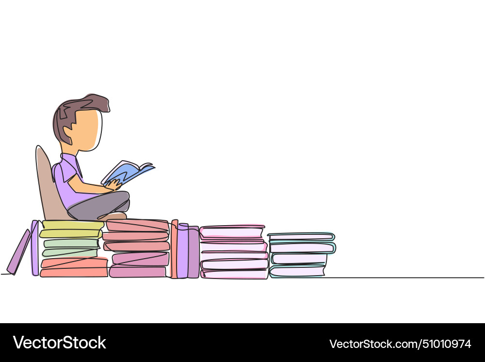 Single one line drawing boy sitting relaxed Vector Image