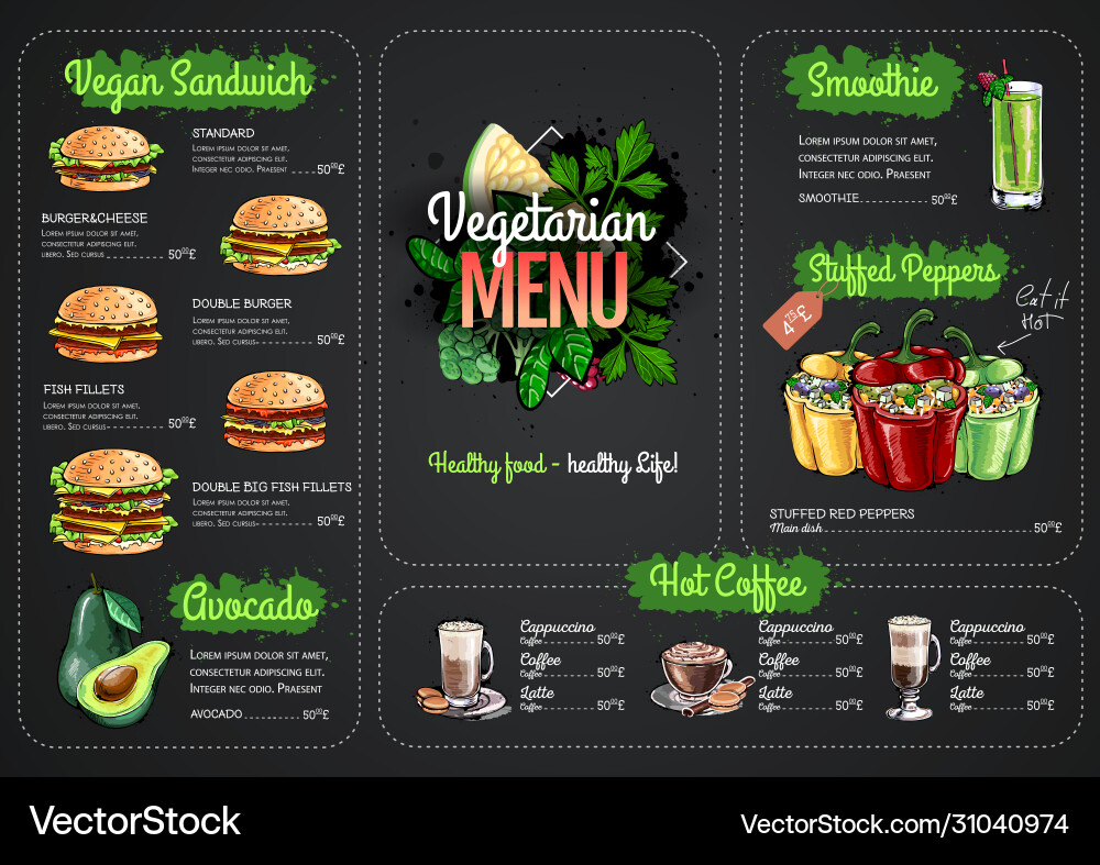 Vegetarian menu design with vegan meals Royalty Free Vector
