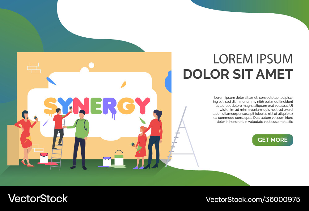 People writing word synergy on wall and sample Vector Image