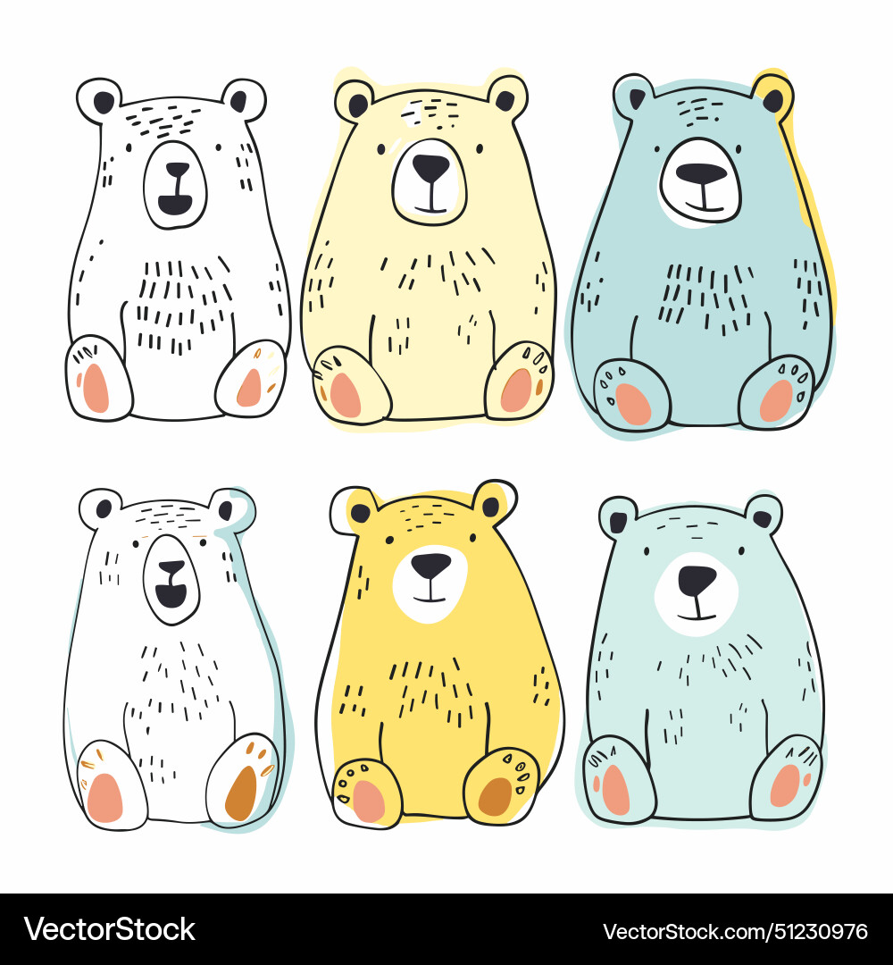 Set six cartoon bears different colors subtle Vector Image