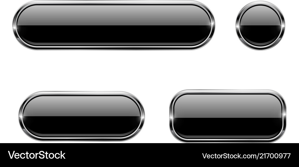 Black glass buttons with chrome frame 3d icons Vector Image