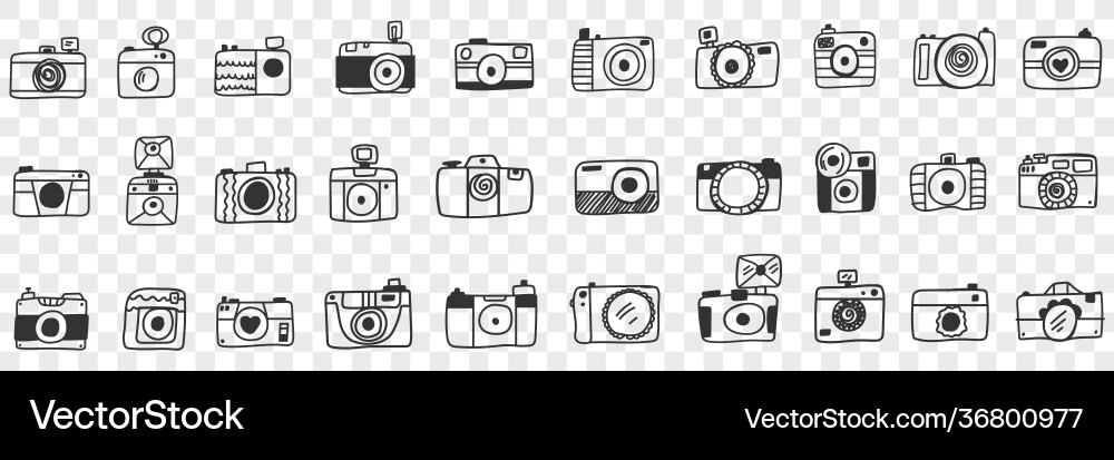 Photo camera with lens doodle set Royalty Free Vector Image