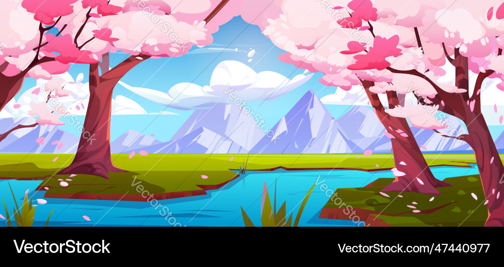 Riverside sakura garden on mountain background Vector Image