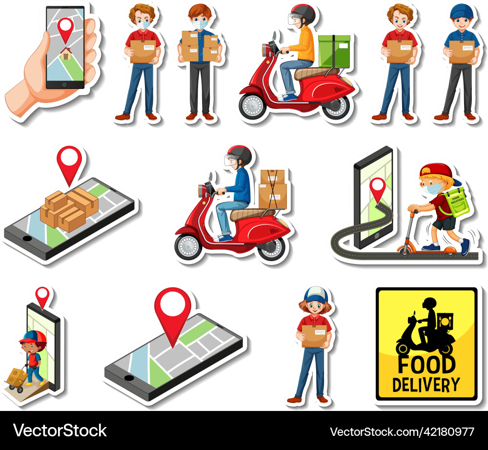 Sticker set of delivery objects and cartoon Vector Image