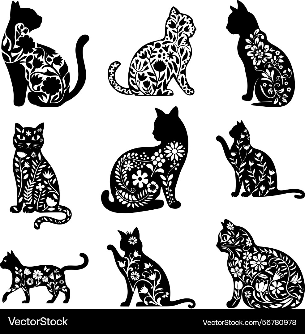 Floral Cat Silhouette SVG Collection Royalty Free Vector