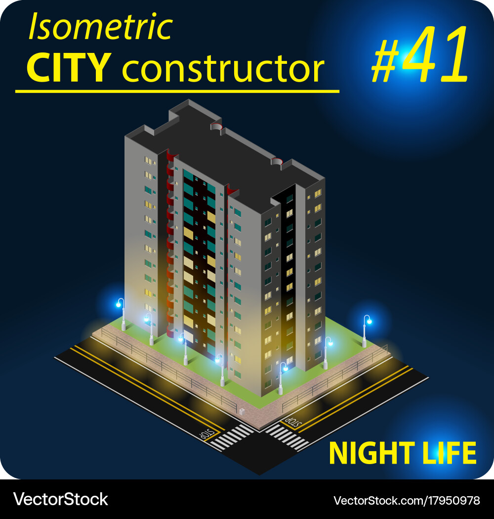 Modern isometric building in night light Vector Image