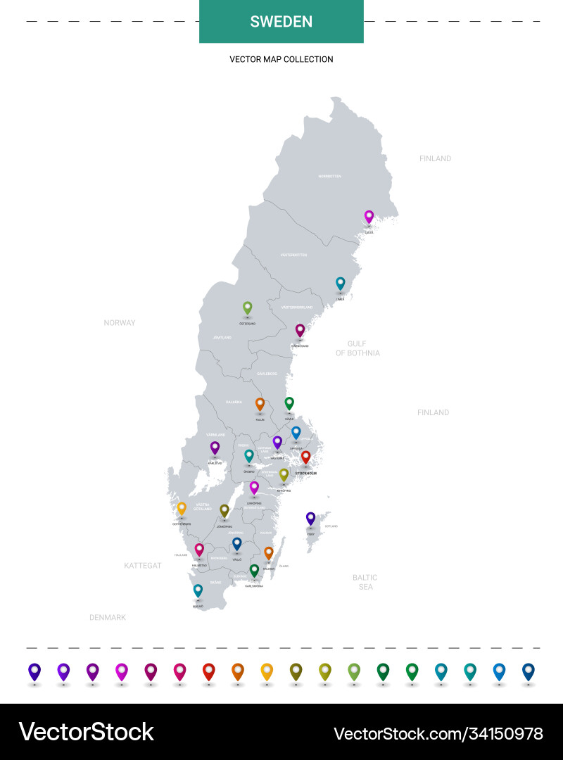 Sweden map with location pointer marks Royalty Free Vector