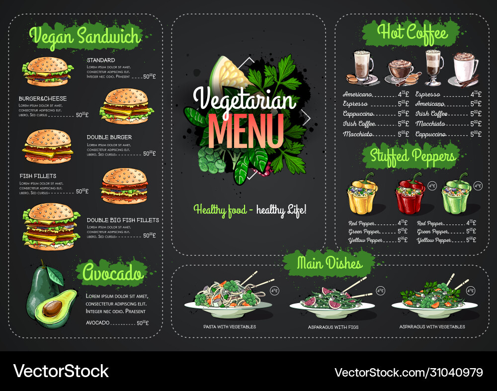 Vegetarian menu design with vegan meals Royalty Free Vector