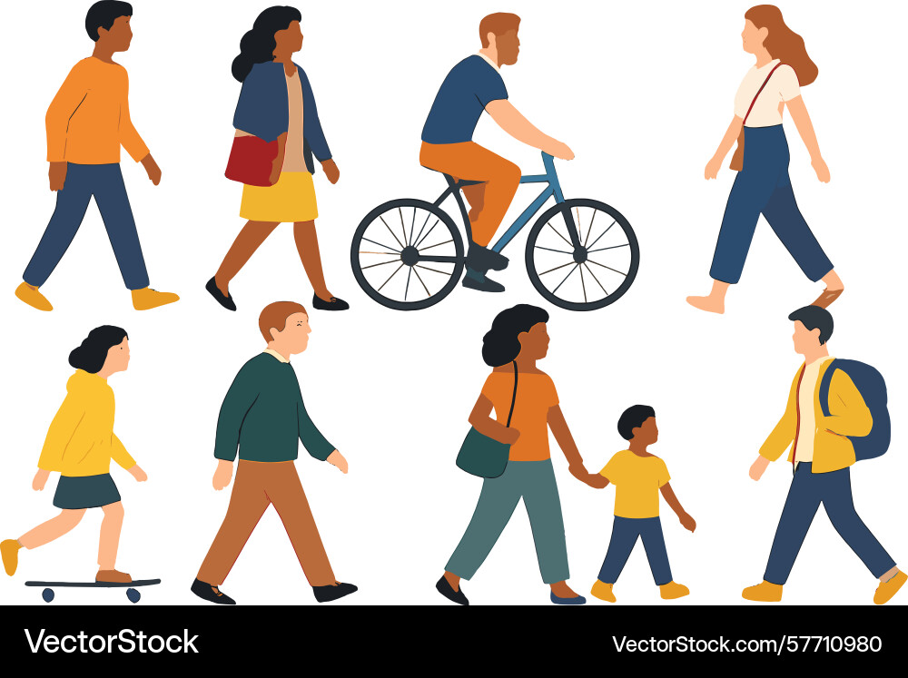 Diverse group of people walking and biking Vector Image
